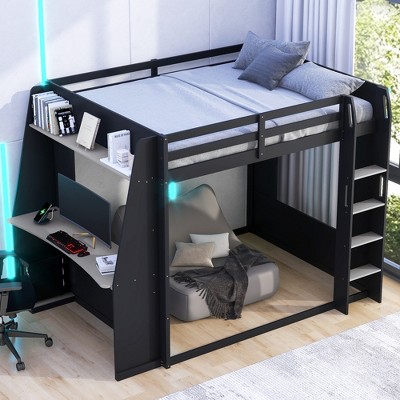 GDFStudio Ciro Modern Wooden Gaming Bunk Bed with Desk, 2 Storage ...