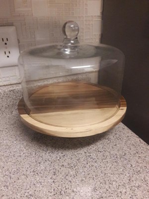 Libbey Acaciawood Footed Round Wood Server Cake Stand With Glass Dome ...