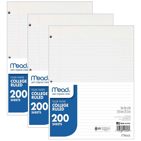 Mead Notebook Filler Paper, College Ruled, 200 Sheets Per Pack, 3 Packs ...