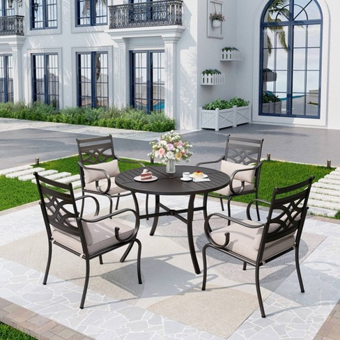 5pc Outdoor Dining Set With Chairs, Cushions & Metal Round Table ...