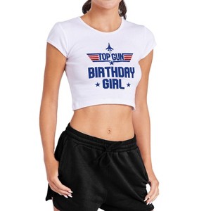 Women's Top Gun Birthday Girl Stars Cap Sleeve Baby Rib Crop Top : Target