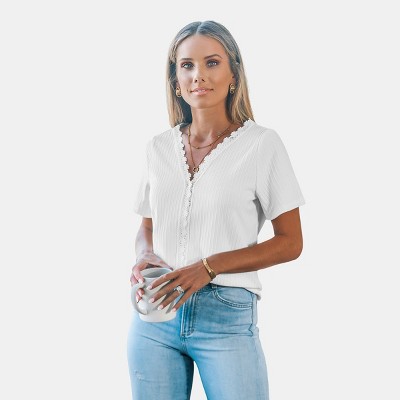 Women's Floral Lace Scalloped V Neck Top - Cupshe-xl-white : Target