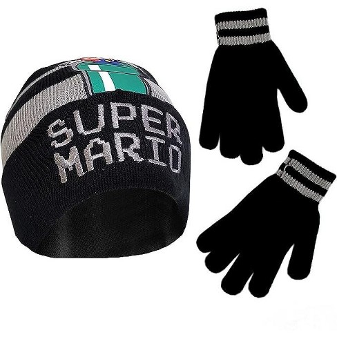 Super Mario Winter Hat And Gloves Set, Kids Ages 4-7 ( Black / Grey ...