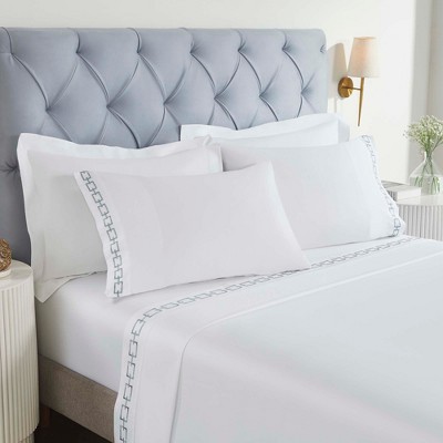Cotton Chain Links Embroidered Sheet Set, Twin Extra Long, White-silver ...