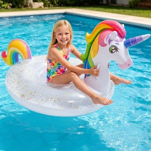 Joyfy Pool Float for Kids, Rainbow Unicorn Inflatable Ride On Pool ...
