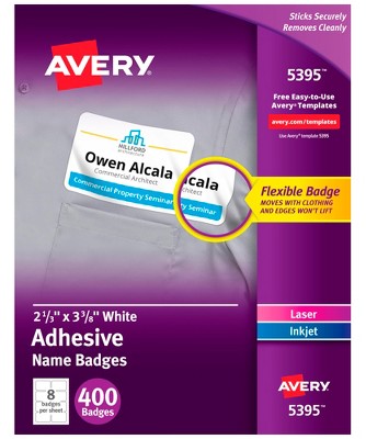 Avery Adhesive Name Badges, 2-1/3 X 3-3/8 Inches, White, Pack Of 400 ...