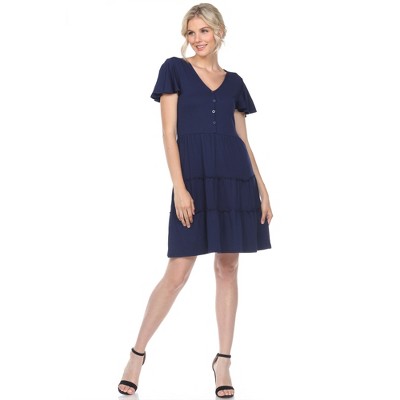Women's Short Sleeve V-neck And Ruffle Sleeve Tiered Dress Navy X-large ...