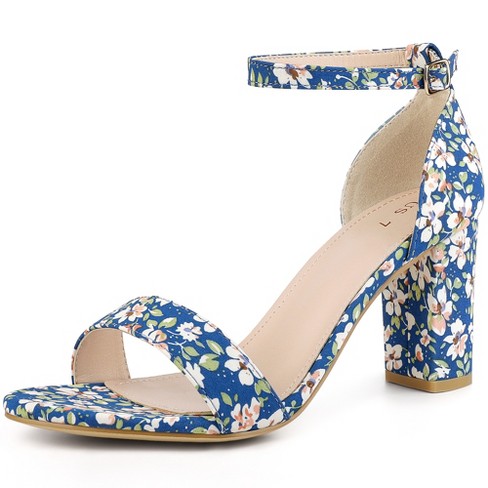 Perphy Women's Floral Printed Open Toe Ankle Strap Chunky Heels Sandals Dark Blue 6 : Target