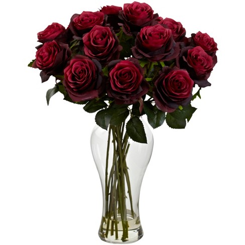 Nearly Natural Blooming Roses With Vase, Burgundy : Target