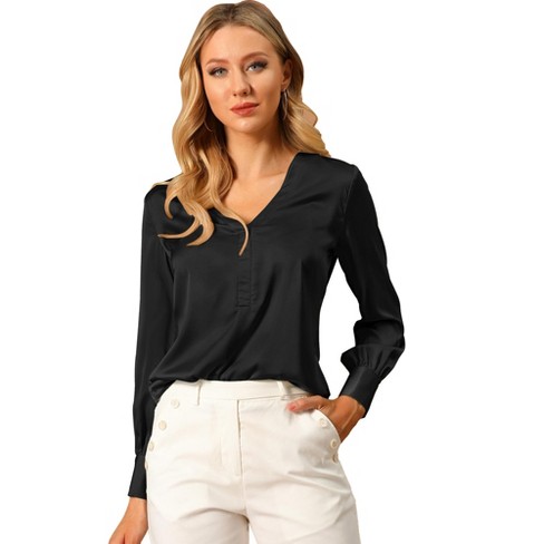 Allegra K Women's Elegant Satin Long Sleeve Office Work Blouses Tops ...