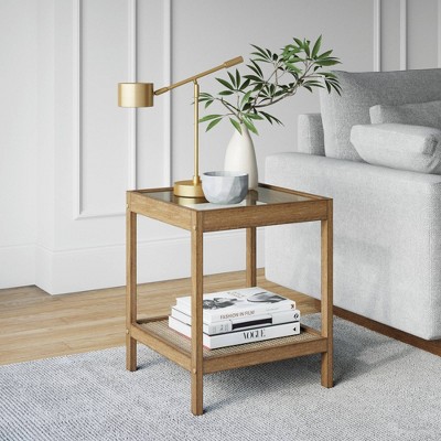Hayes Solid Wood Rattan And Glass Top Side Table Brushed Light Brown Nathan James Target