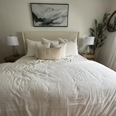 Queen Encino Fully Upholstered Bed Cream Boucle: Pine Frame & Wingback ...