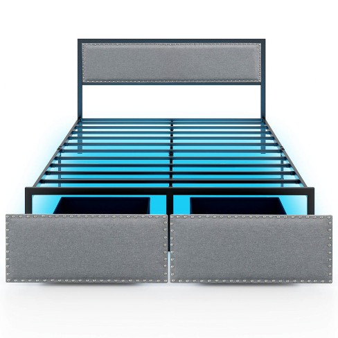 Infans Queen Size Bed Frame With 2 Storage Drawers Led Lights Slats ...