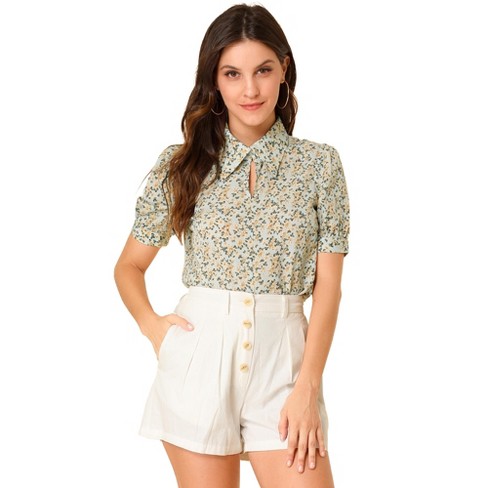 Allegra K Women's Vintage Floral Turnover Collar Split Neck Puff Short ...