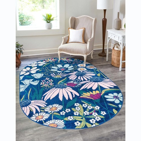 Unique Loom Bloom Collection Area Rug - Daisy (6' 1" X 9' Oval Navy ...