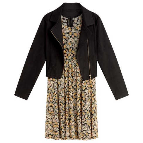 Beautees Girls' Knit Skater Dress With Sueded Twill Moto Jacket, Black ...