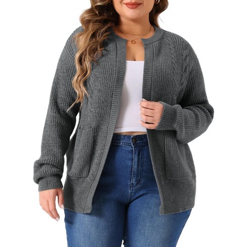 Agnes Orinda Women's Plus Size Classic Long Sleeve With Pockets Knit ...