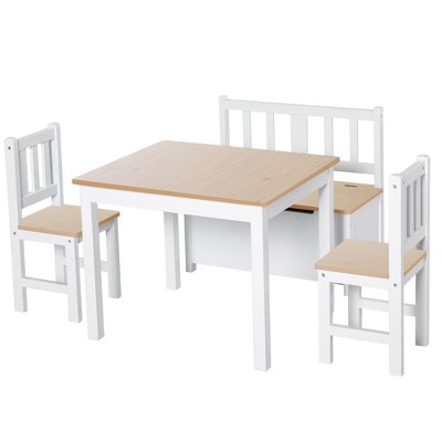 Qaba 4-piece Kids Table Set With 2 Wooden Chairs, 1 Storage Bench, And ...