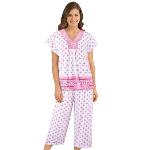 Collections Etc Border Floral Print Capri Pajama Set Large Pink : Target