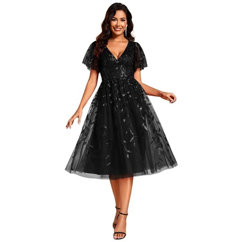 Black Short Sleeves Leaf Sequin A-line Midi Formal Dresses Eg02230, 12 ...