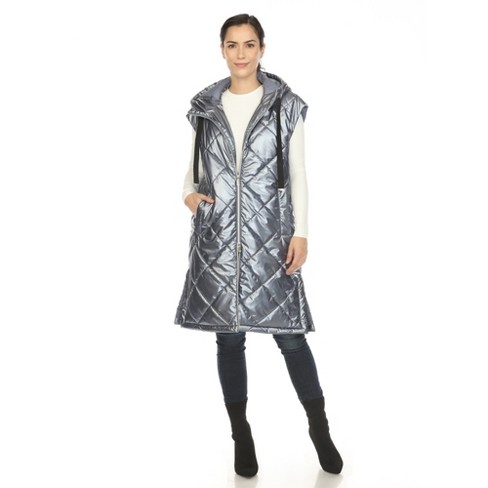 Women's Metallic Long Puffer Vest Metallic Denim Slate Small -white ...