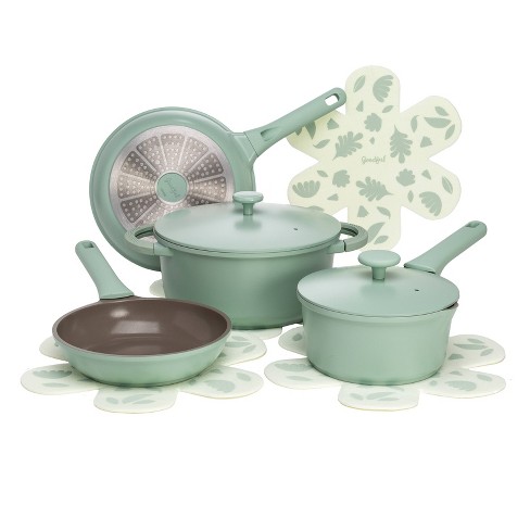Goodful 10pc Cast Aluminum Ceramic Cookware Set Sage Green: Clean ...