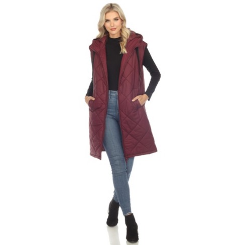 Women's Diamond Quilted Hooded Puffer Vest Burgundy Xlarge-white Mark ...
