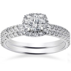 Pompeii3 1 1/10ct Cushion Halo Diamond Halo Engagement Wedding Ring Set 14k White Gold - Size 8 ...