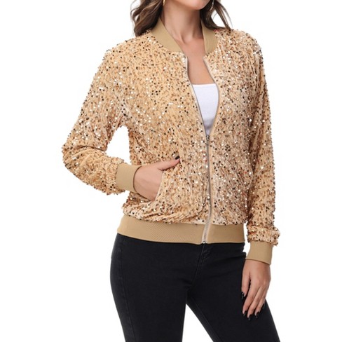Anna-kaci Women's Sequin Bomber Jacket Zip Front Ribbed Cuffs And Hem ...