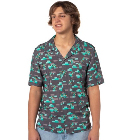 Minecraft Men's Diamond Steve Hawaiian Button Down Adult Short Sleeve ...