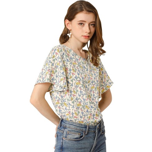 Allegra K Women's Floral Chiffon Casual Round Neck Flutter Sleeve ...