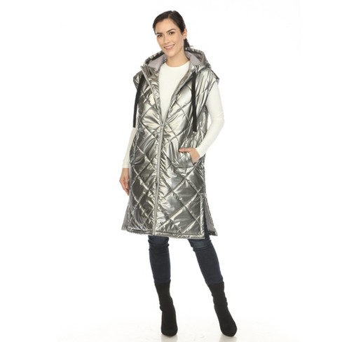 Women's Metallic Long Puffer Vest Metallic Silver Small -white Mark ...
