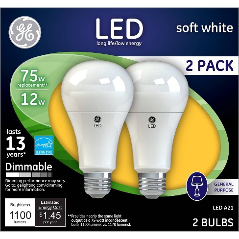 Ge 2pk 75w A19 Led Light Bulbs Soft White: Dimmable, Energy Star ...