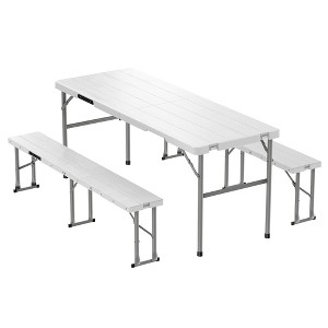 3-Piece Folding Picnic Table and Bench Set with Wood Grain HDPE Top and ...