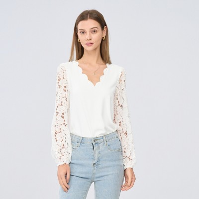 Women's Floral Lace Scalloped V Neck Top - Cupshe : Target