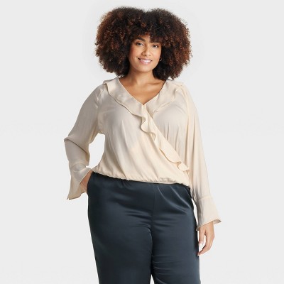 Women's Flounce Long Sleeve V-neck Ruffle Wrap Blouse - A New Day ...