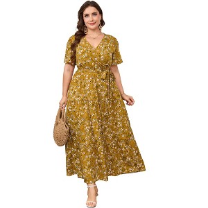 Plus Size Wrap Maxi Dress V Neck Flutter Sleeve Tiered Sundress with ...