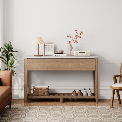 Farmhouse 2 Drawers Console Table Tobacco Wood And White Marble Sofa Table Cuddlewood