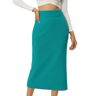Seta T Women's Elastic High Waist Midi Basic Skirt Slit Hem Stretchy ...