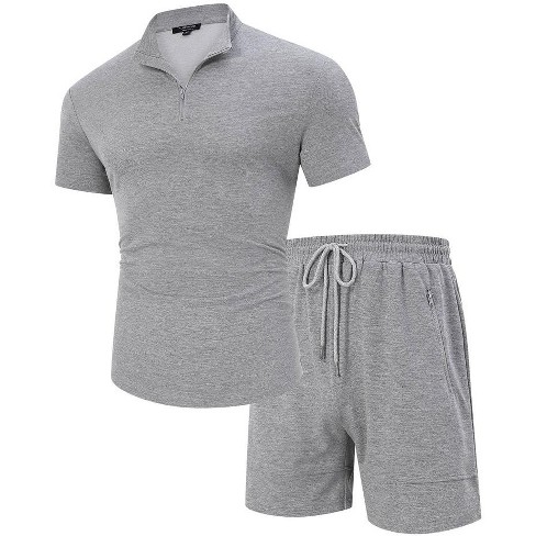 Men's 2 Pieces Outfits Quarter Zip Polo Shirt And Shorts Set Summer ...