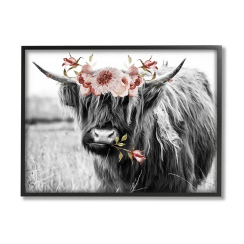 Stupell Pink Florals Longhorn Cattle Framed Giclee : Target