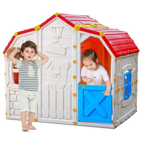 Costway Kids Playhouse Realistic Cottage Playhouse With Openable ...