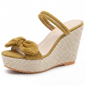 BLISSFUL STEP Bow Decoration Double-Strap Wedge Heel Platform Slip ...
