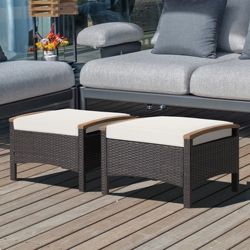 Costway Set Of 2 Patio Rattan Ottoman Footrest Cushions Wooden Handle ...