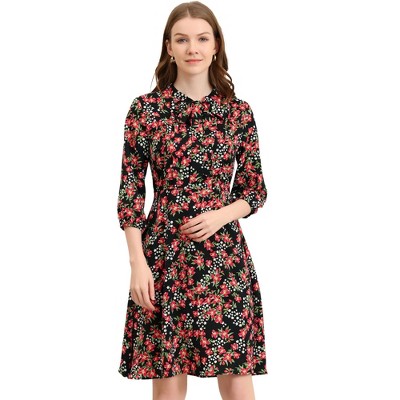 Allegra K Women's Floral Tie Neck 3/4 Sleeve Office Work Midi Flowy ...