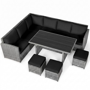 Gymax 7 PCS Outdoor Rattan Sofa Set w/ Cushions Dining Table Ottomans ...