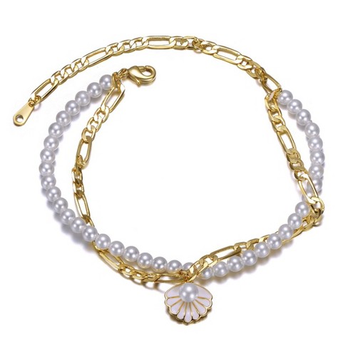 14k Gold-plated Double-layer Anklet With Pearl And Shell Charms, Combining Elegant Pearls With ...