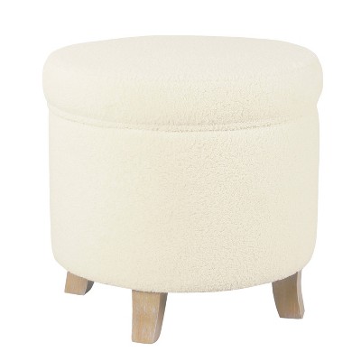 Cole Classics Round Storage Ottoman Flared Wood Leg Faux Sheepskin Cream HomePop