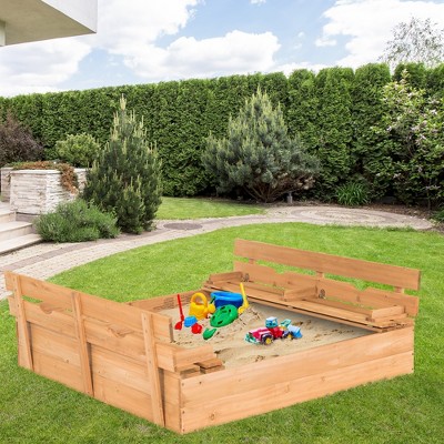 Costway Kids Large Wooden Sandbox W/cover 2 Convertible Bench Seats For ...