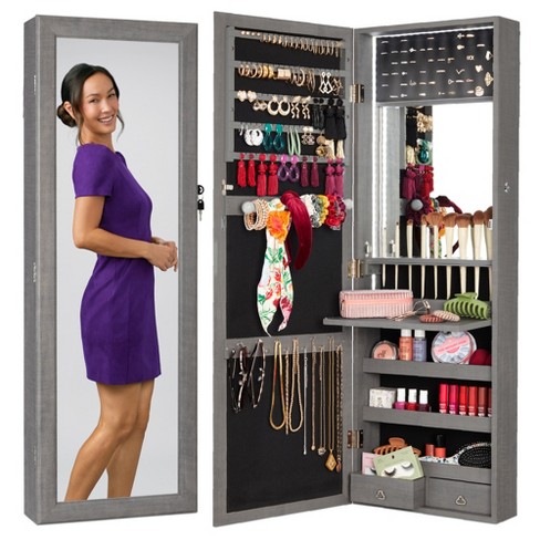 Best Choice Products Hanging Mirror Jewelry Armoire Door Or Wall Mounted Cabinet W Led Lights Lock Gray Oak Target